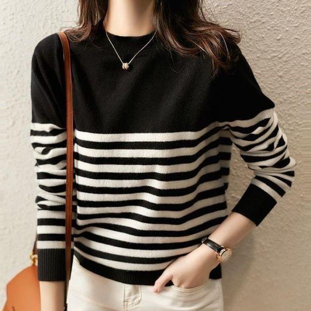Sweater Rajut, untuk Wanita, Berjalur Hitam dan Putih, Lenga - TikTok ...