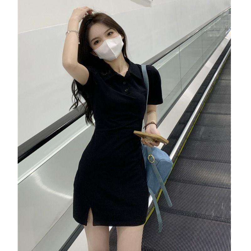 Pakaian Blok Warna, Gaya Comel dan Seksi, Kolar Polo, Gaun Bodycon ...