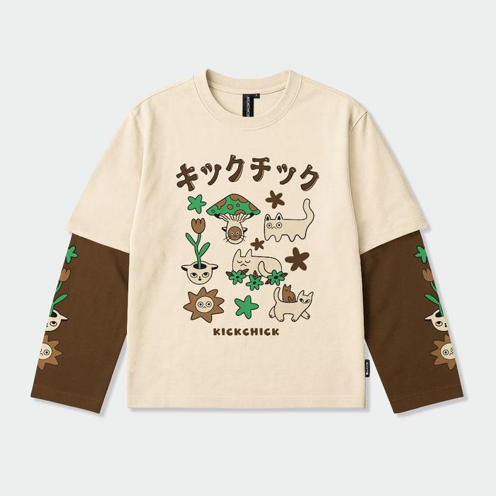 Promo Kickchick Double Sleeve Quirk Cream Brown | Kaos Oversize ...