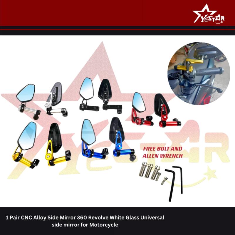 YESTAR 1Pair CNC Alloy Side Mirror 360 Revolve White Glass Universal ...
