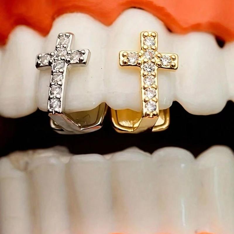 【PANG Jewelry】Cross micro-inlaid zircon single hip-hop teeth - TikTok Shop