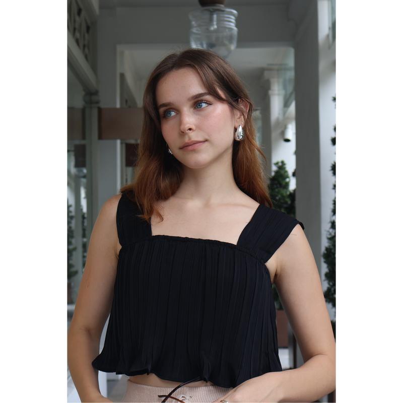 Melia Pleated Flowy Strap Top in Black - TikTok Shop Singapore
