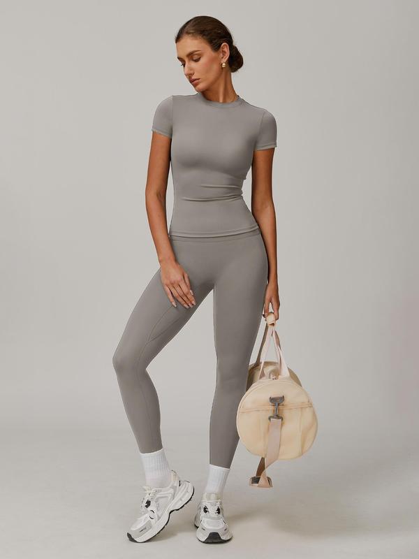 Women's Solid Color Top & High Waist Leggings Sports Set, Casual Comfy ...