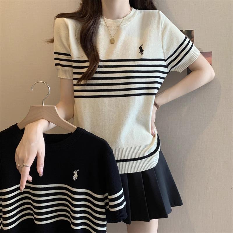New Arrivals 2024 Korean temperament round neck striped shor - TikTok ...