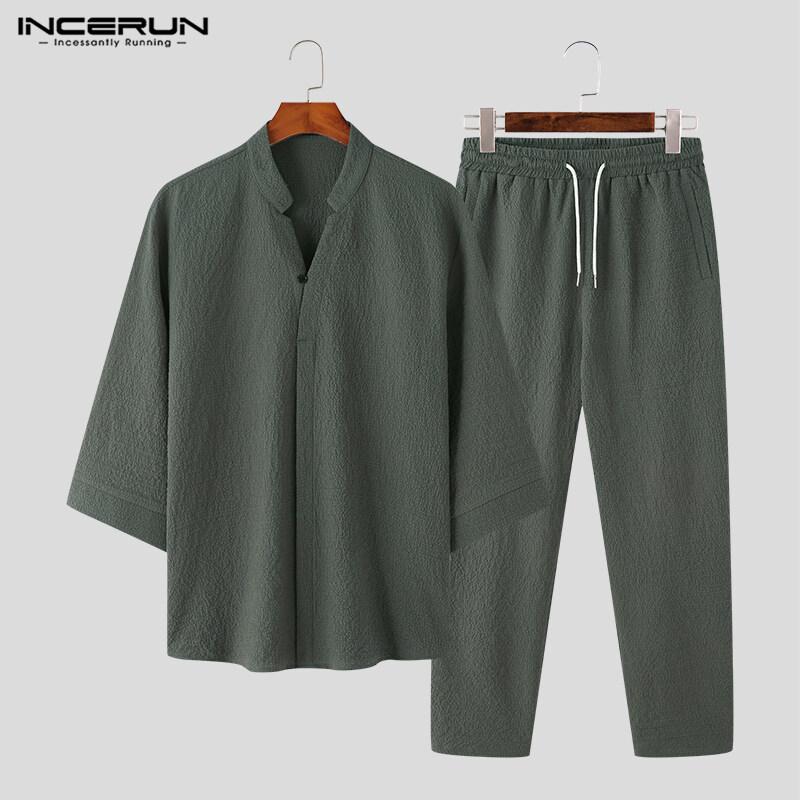 INCERUN Mens 3/4 Sleeve Loungwear Suit V-Neck T Shirt Long Pants ...