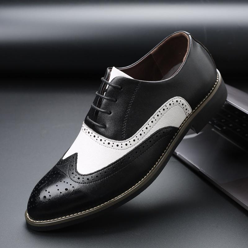 Bullock Carved Pointed Toe Shoes Black and White Stitching Business ...