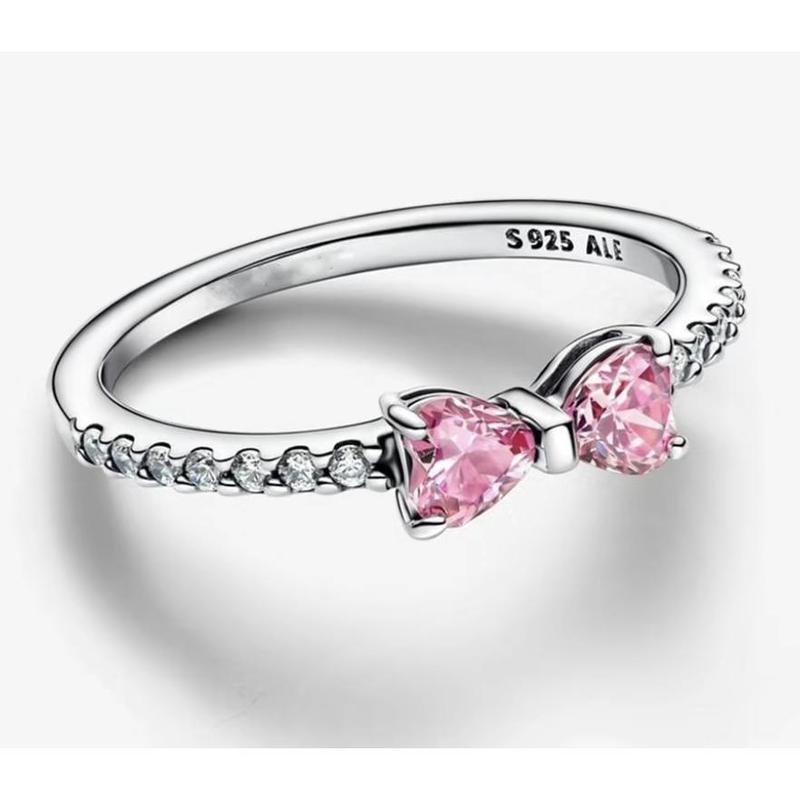 925 Sterling Silver Sparkling Pink Bow Ring,Fit Charm Necklaces,Woman ...