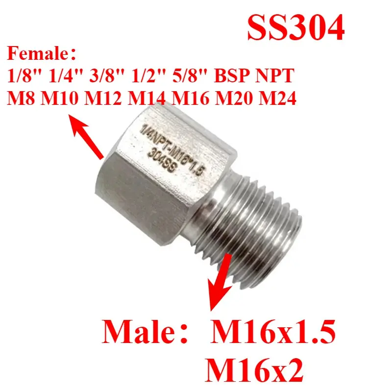 M16 Male to M8 M10–M24 Female Hex Reducer Bushing 304 Stainless Steel ...