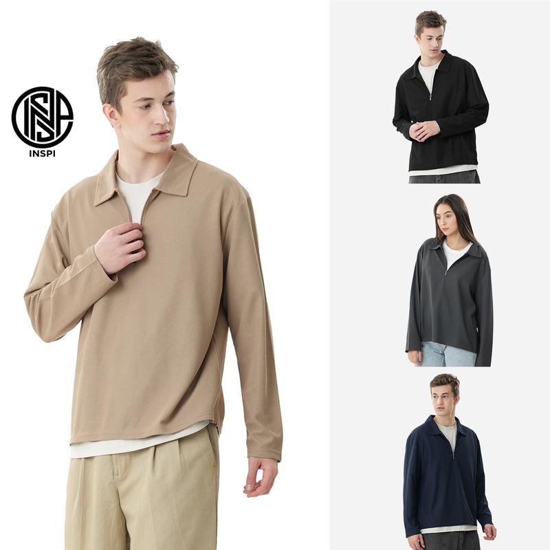 INSPI Waffle Zip Polo Long Sleeve For Men & Women Plain Sweatshirt ...