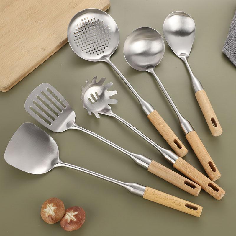 Stainless Steel Cooking Utensil Set with Wooden Handle, 6 Counts/set ...