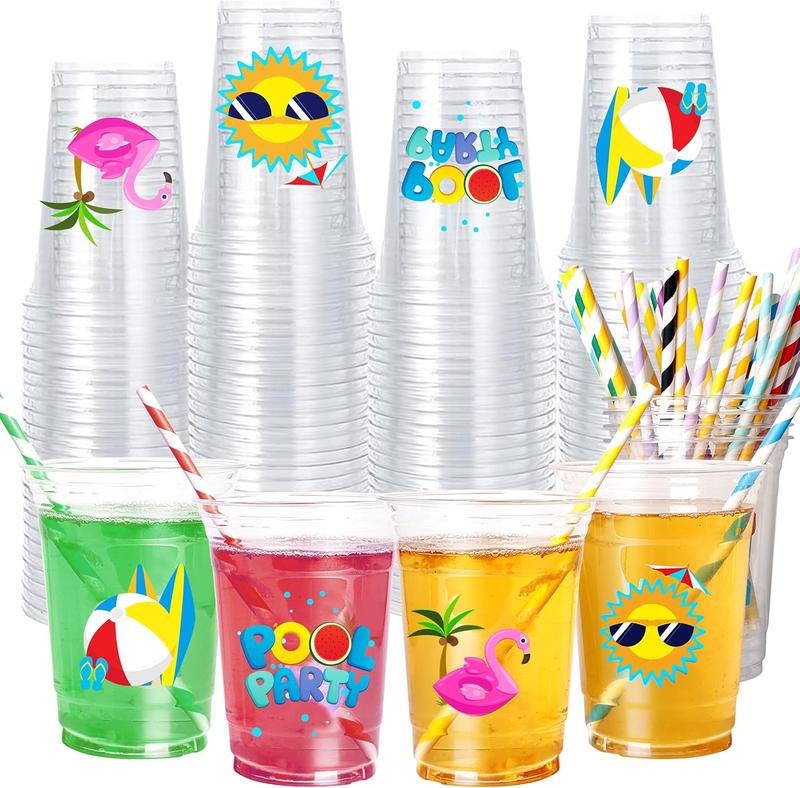48 count Beach Pool Party Plastic Cups with Paper lids Summer 16oz Luau ...