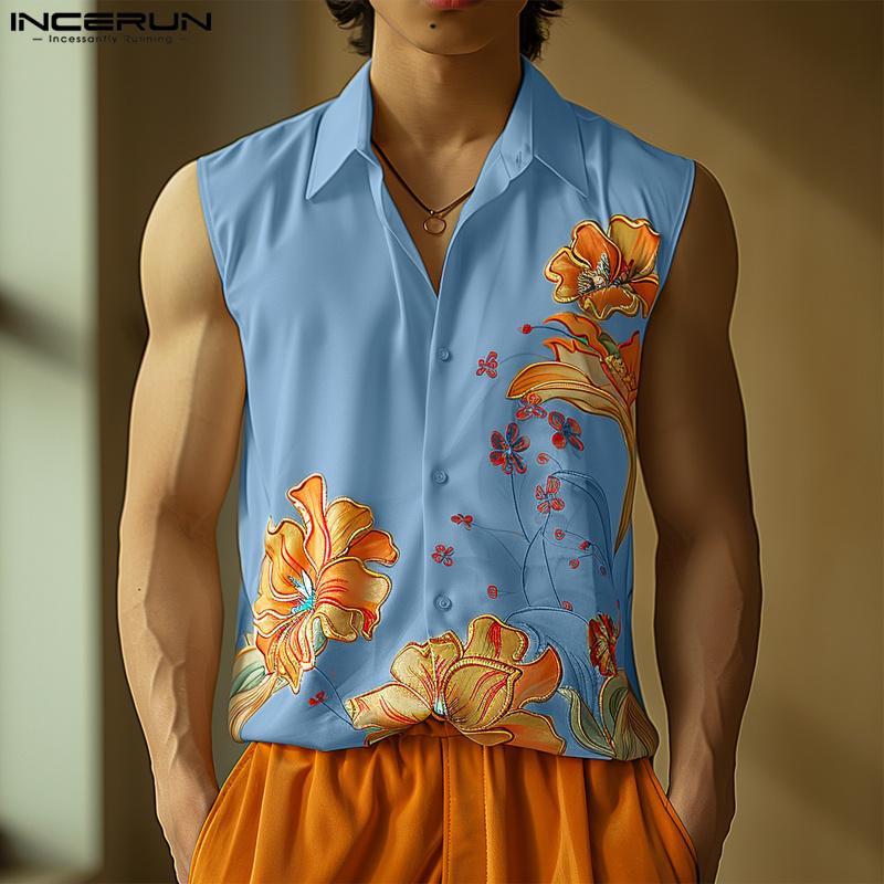 INCERUN Men Lapel Collar Sleeveless Floral Printed Hawaiian Shirts ...