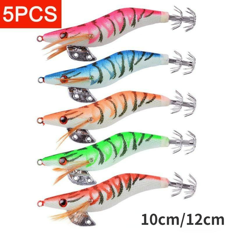 5pcs Luminous Squid Jig Fishing Wood Shrimp Lure Squid Cuttlefish ...