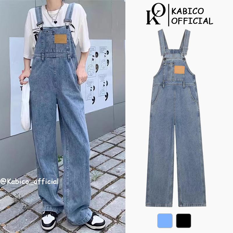 Women's Long Style Denim Overalls, Two-tone Blue and Black Korean ...