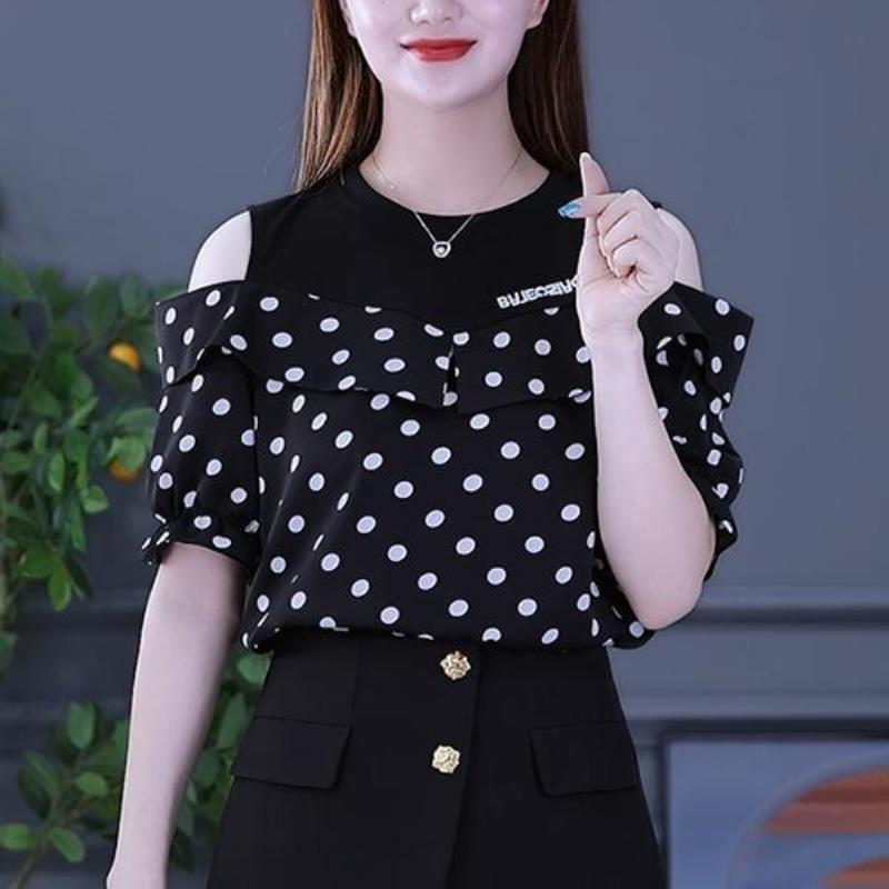 Kemeja Sifon, Luar Bahu, Lengan Pendek, Baju Kecil Bergaya, Baju ...