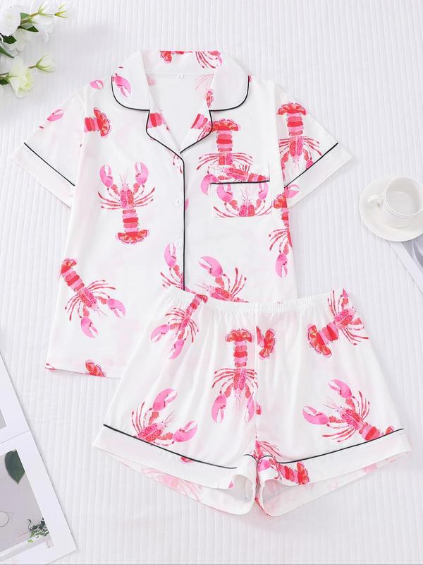 Women's All Over Lobster Print Pajama Set, Elegant Casual Comfy Button ...