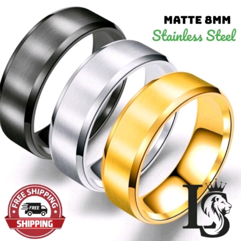 Cincin Hitam Stainless Steel 8mm Matte Titanium Black Gold Silver Men ...
