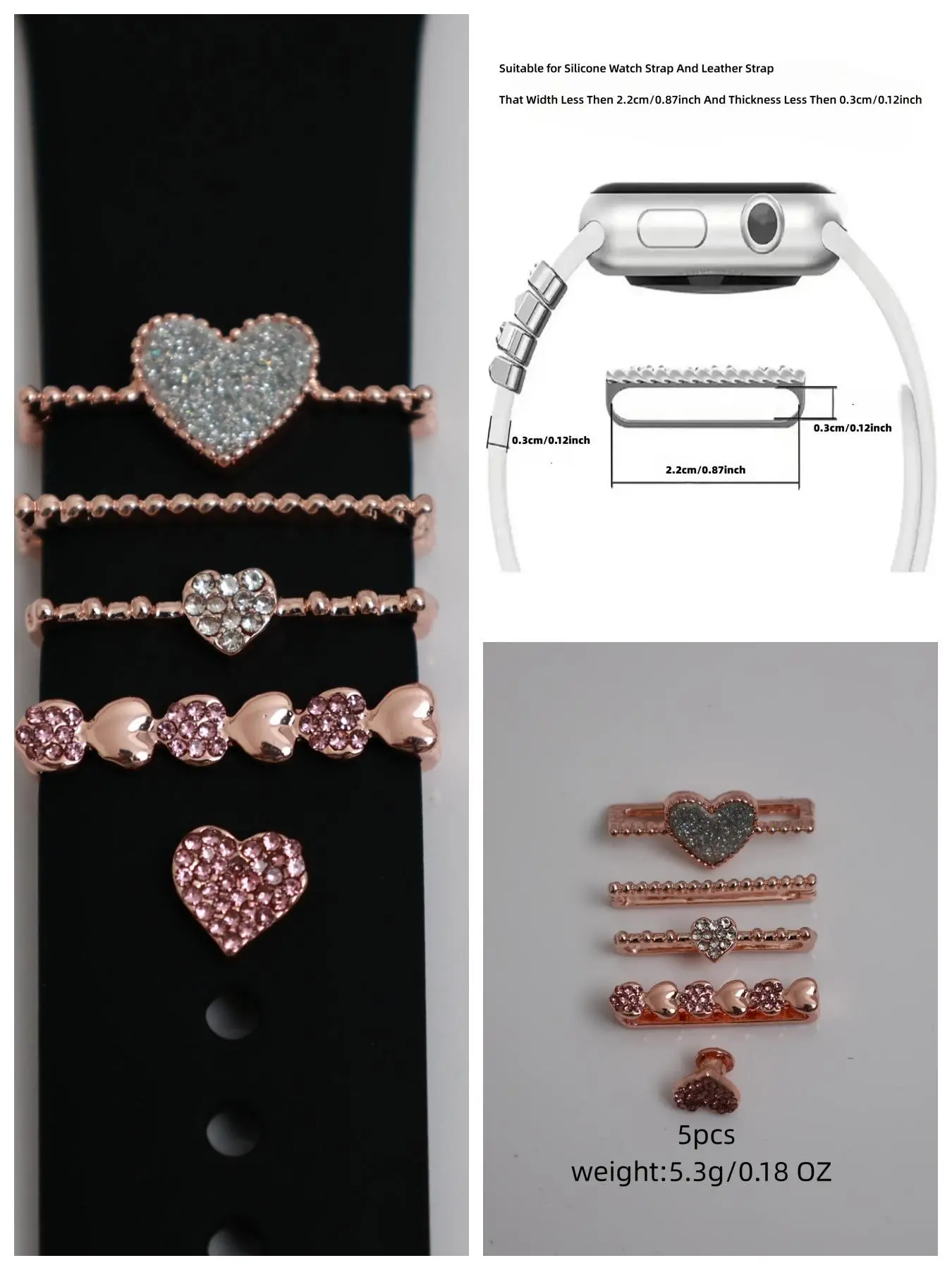 5pcs/set Rhinestone Decorated Watch Strap Ring, Heart Decor Watch Strap ...