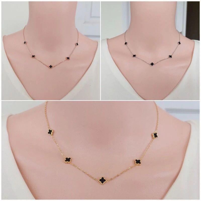 Kalung Titanium Perhiasan Wanita Bunga Clover Lima Gold Silver Rose ...