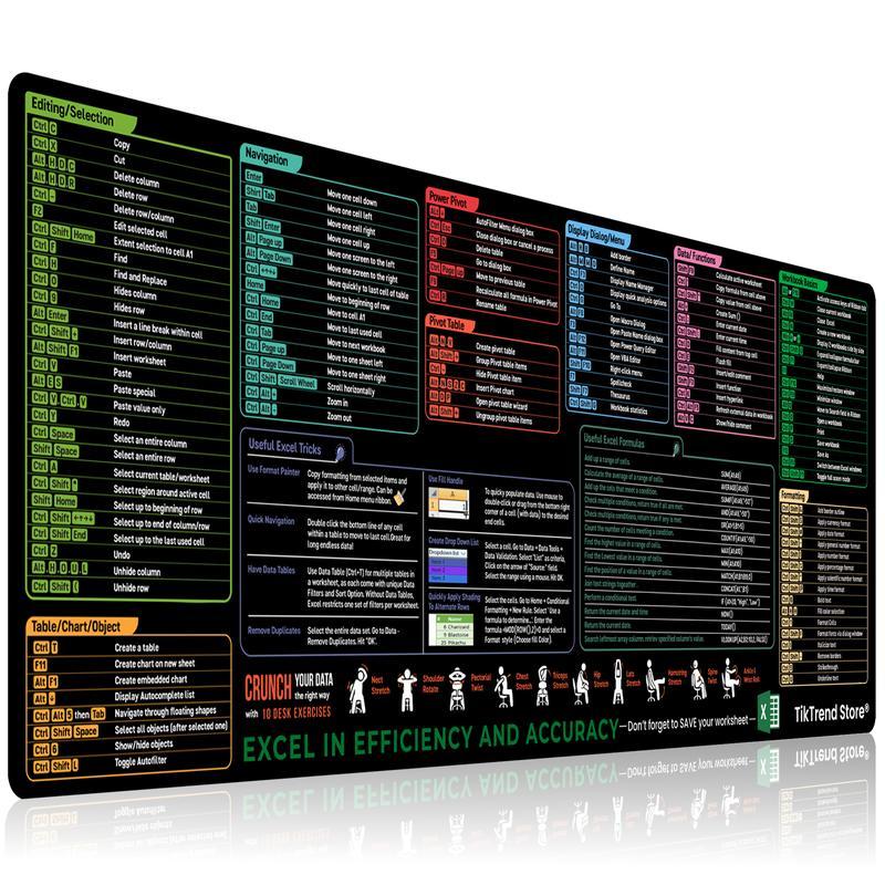 Excel Cheat Sheet Desk Mat, Large 27.5"x11.8" Excel Keyboard Shortcut Mouse Pad, XL Extended ...