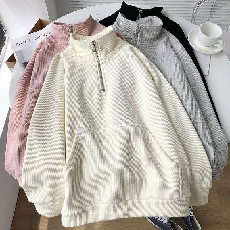 Sweater Pullover, Kolar Berdiri, Separuh Zip, Corak Wafel, Warna ...