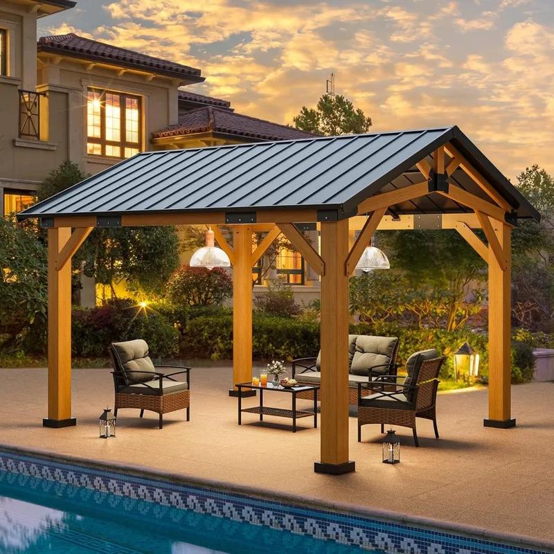 10x12FT wooden pavilion outdoor hardtop spruce frame canopy with ...