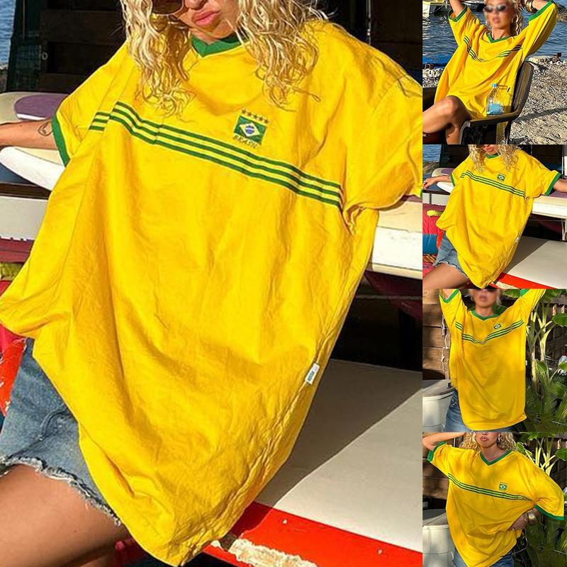 เสื้อ Y2k Brazil Graphics พิมพ์ลายตัวอักษร ทรงหลวม ลำลอง ฤดูร้อน ...