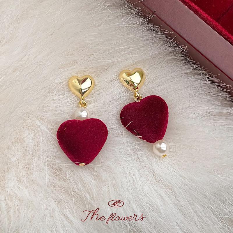 Wine Red Flocking Heart-Shaped Asymmetric Design ~ Literary Retro ...