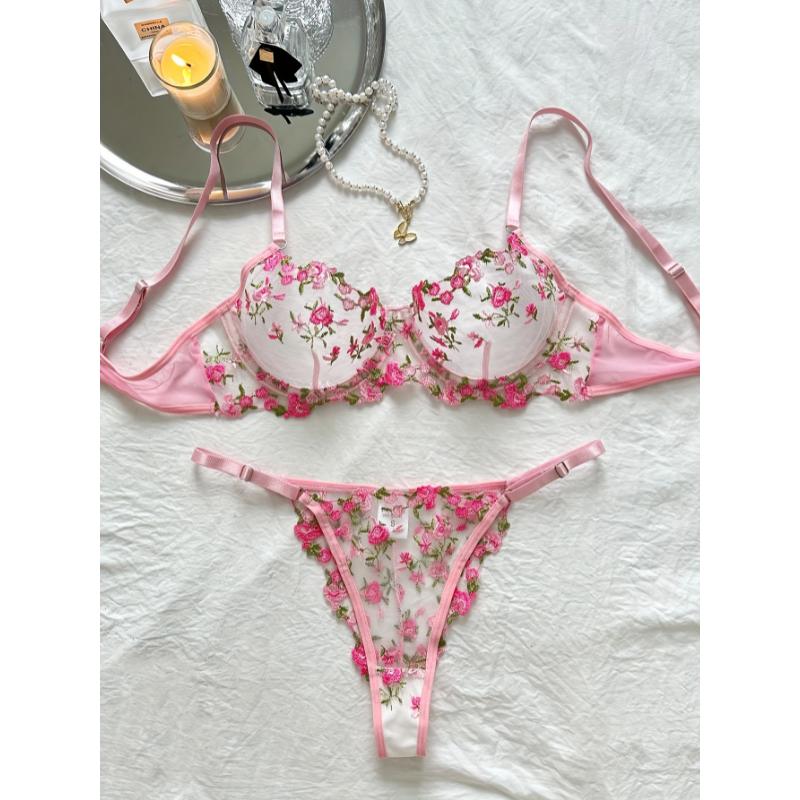 Lynka SSS Floral Embroidery Lingerie Set, Mesh Unlined Bra & - TikTok Shop