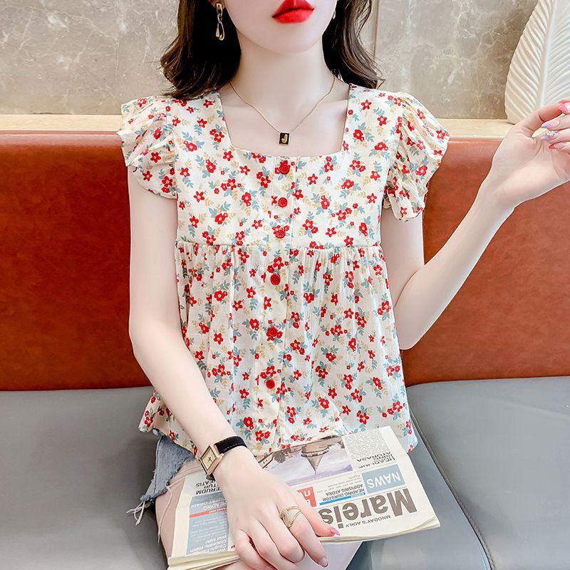 Kemeja Sifon, Kolar Persegi Bunga Manis Perancis, Baju Musim - TikTok ...