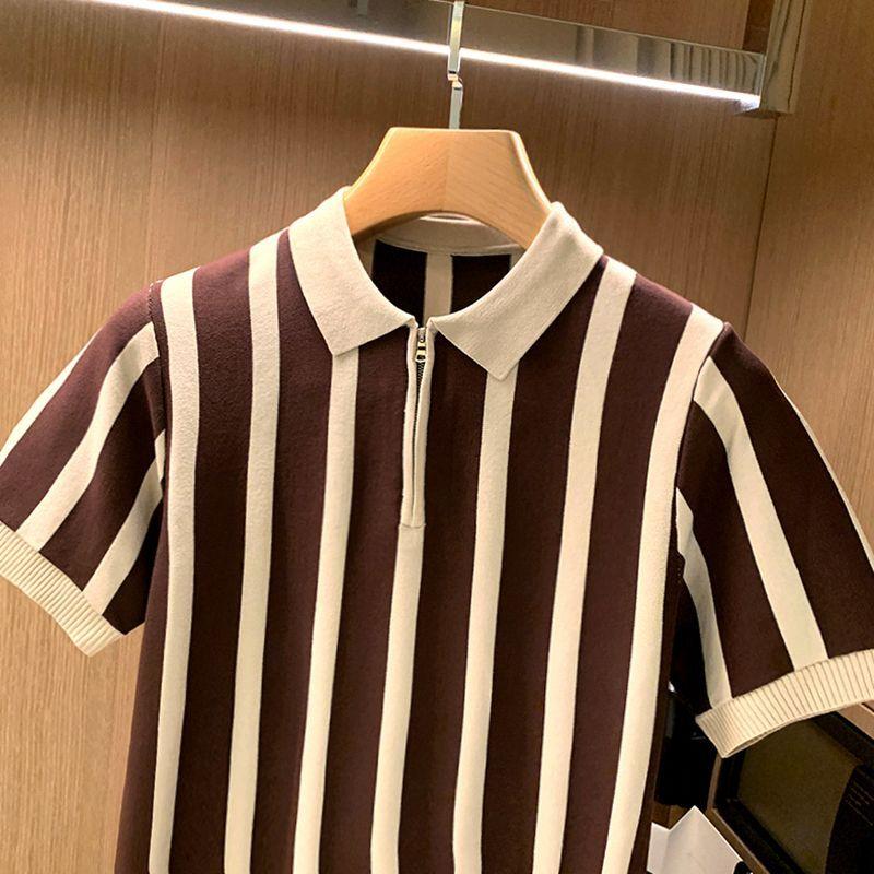 Kemeja Polo Lelaki Berjalur Lengan Pendek Mewah Musim Panas Nipis ...