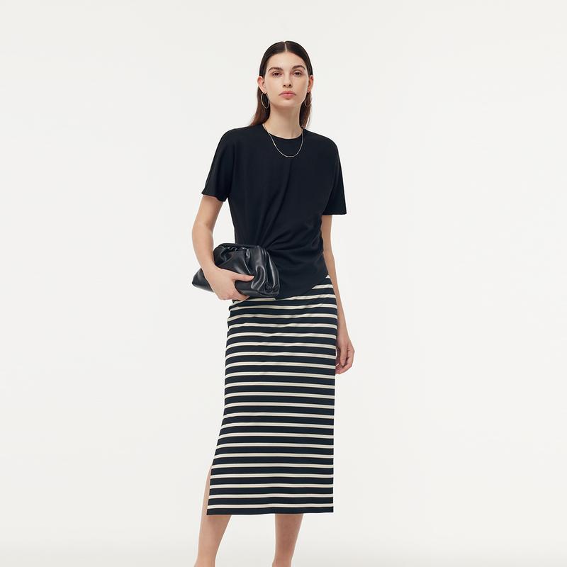 Triacetate Twist Front Knit T-Shirt And Stripe Knit Skirt Two-Piece ...