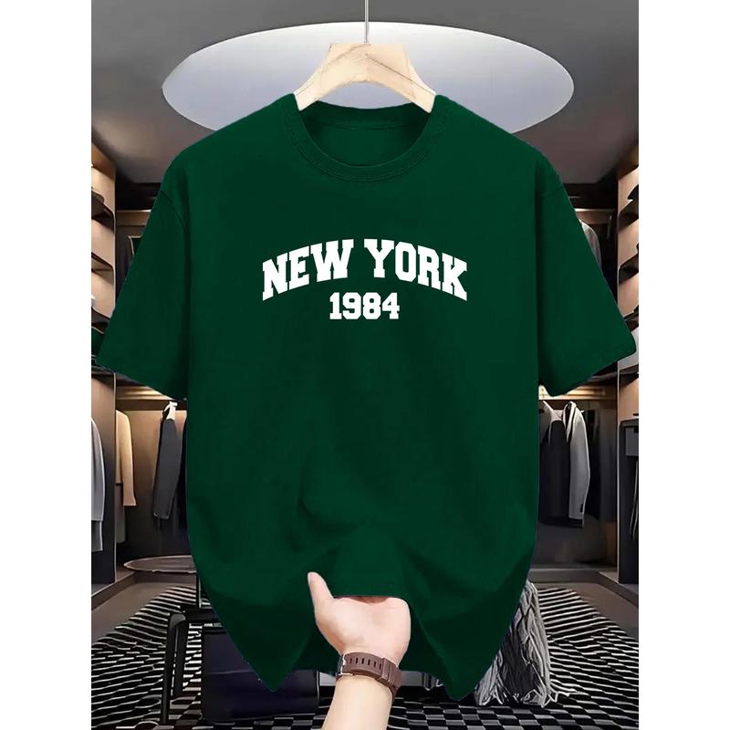Kemeja-T Lelaki, Cetakan 1984 New York, Leher Krew Kasual, Corak ...