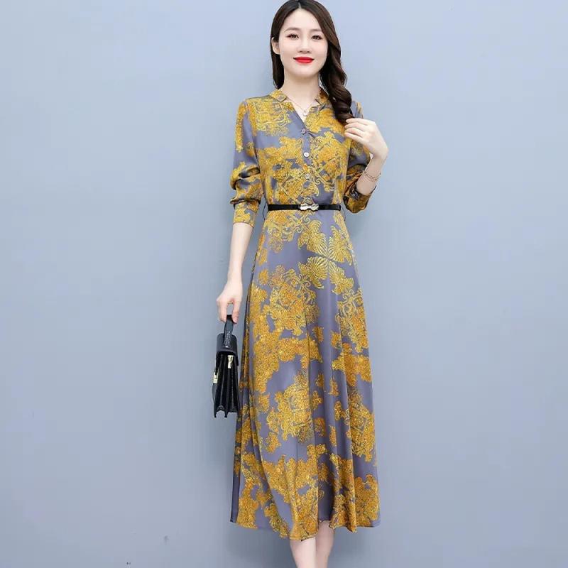 FADFAD Gaun midi lengan panjang bermotif retro cetak kelas atas - Shop ...