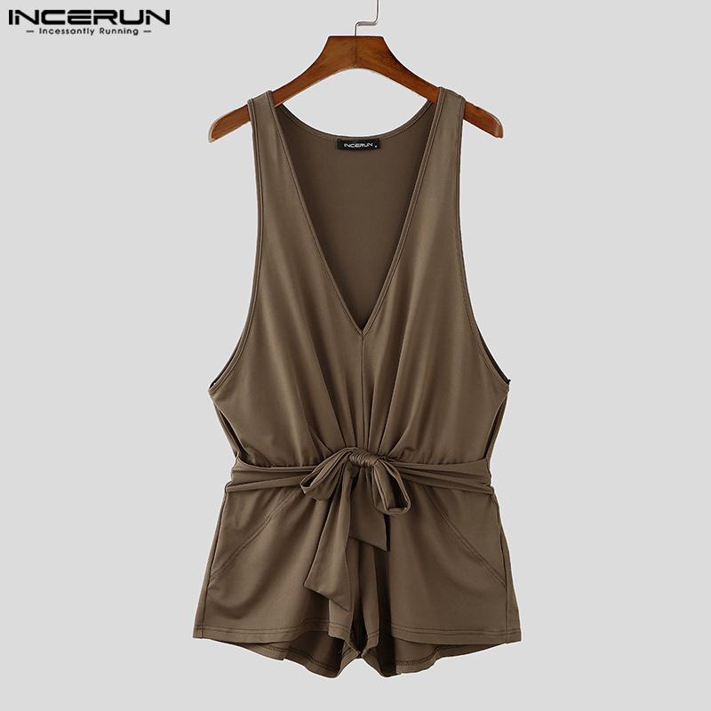 INCERUN Men's Fashion Deep V Lace-Up Bodysuits Sleeveless Cropped ...