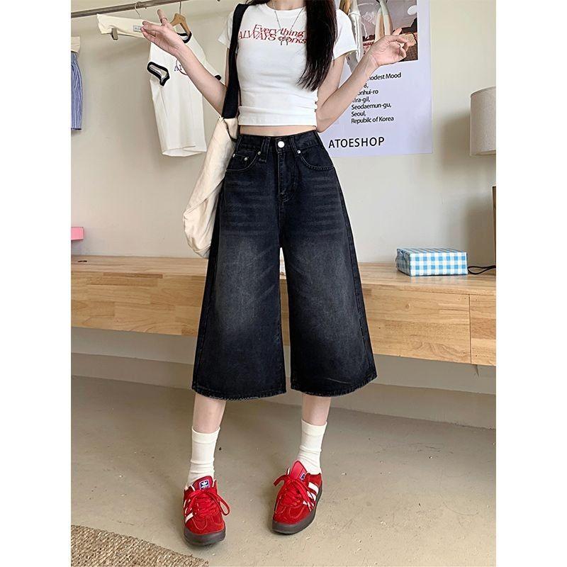 Seluar Potongan, Hitam, Seluar Pendek Denim, Musim Panas Wanita ...