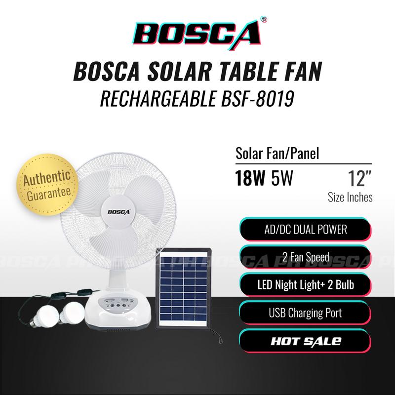 BOSCA Solar rechargeable fan 12 inches Desk Fan Table Fan BSF-8019 ...