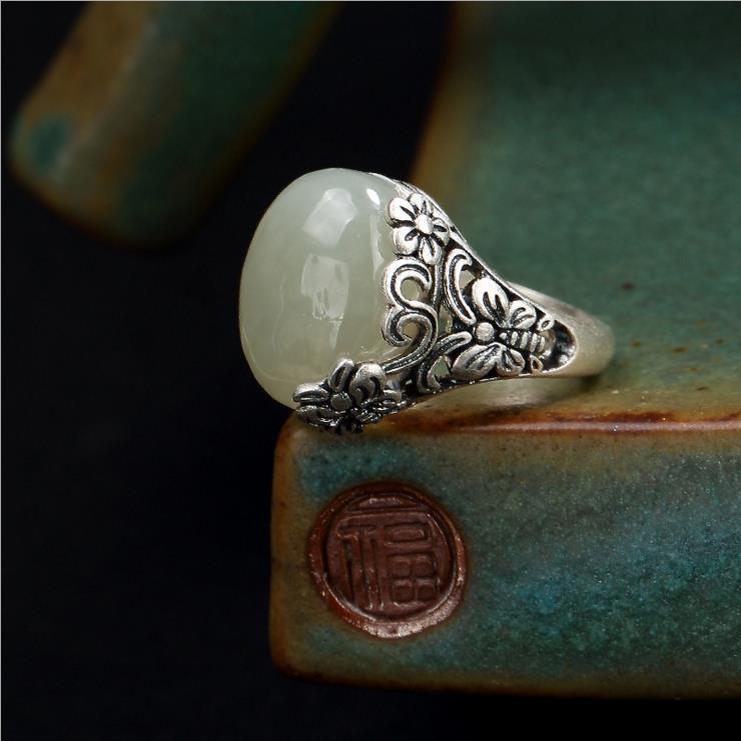 S925 Silver Hetian Jade Inlaid Pansy Ring Vintage Natural White ...