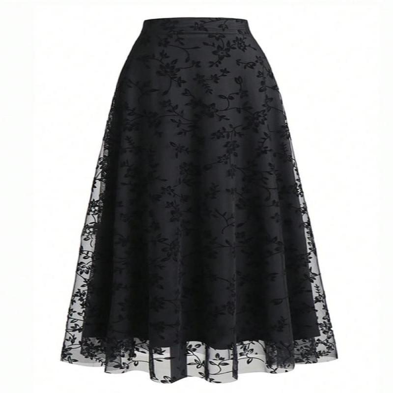 Women's Floral Embroidery Contrast Mesh A Line Skirt, Elegant Waist ...