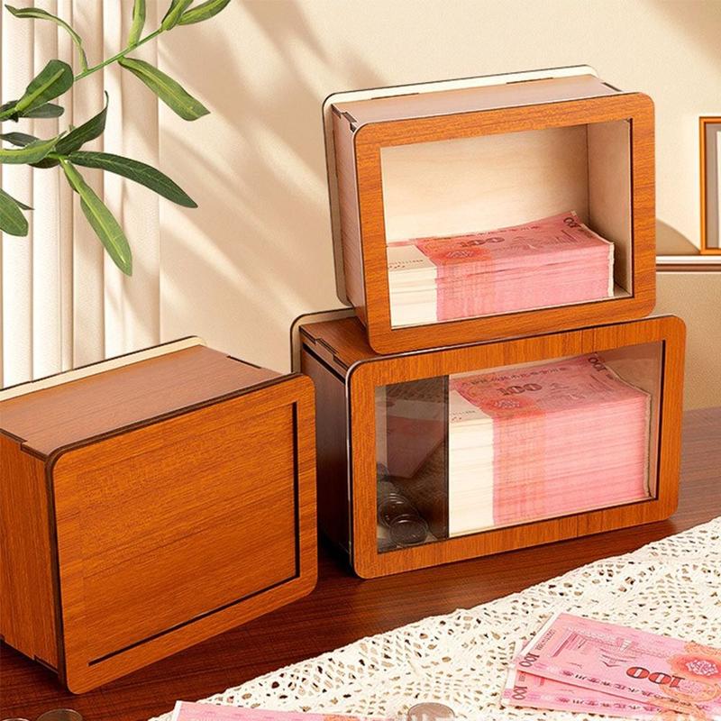 New Wooden Money Savings Box Banknote Coin Partition Transparent ...