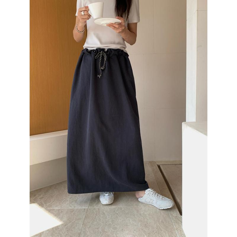 Color-Block Waistband Loose Drawstring Tencel Slimming Midi Skirt ...