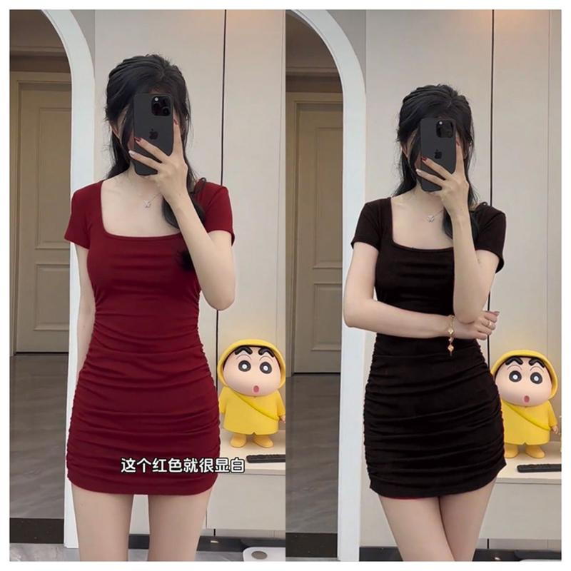 Gaun Bodycon, Leher Persegi, Lengan Pendek Slim Fit, Untuk Wanita ...