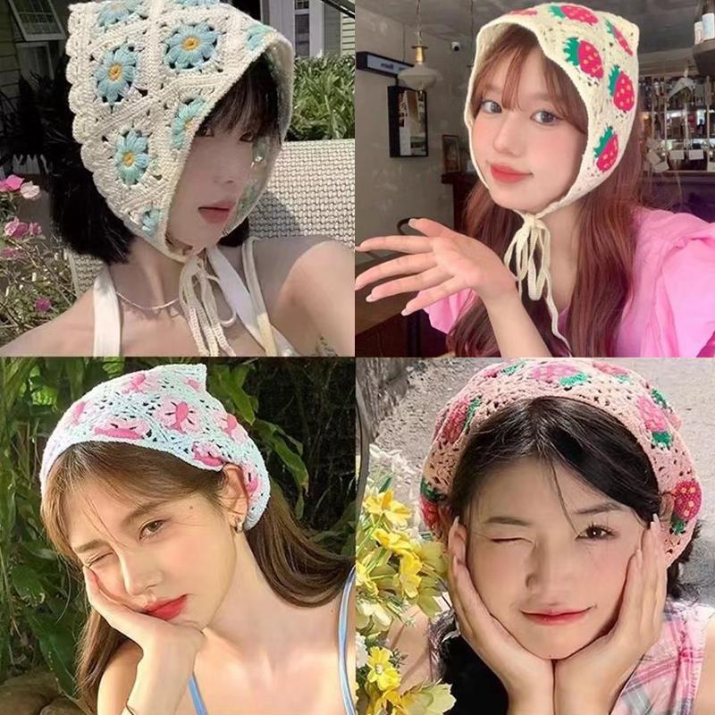 French Knitted Triangle Scarf Headbands Women Hollow Flower Korean ...