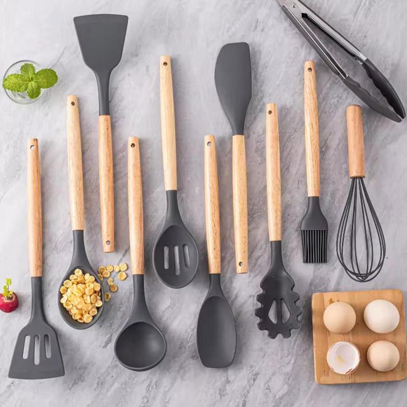 Perkakas dapur silikon, set peralatan dapur kayu, tidak melekat ...