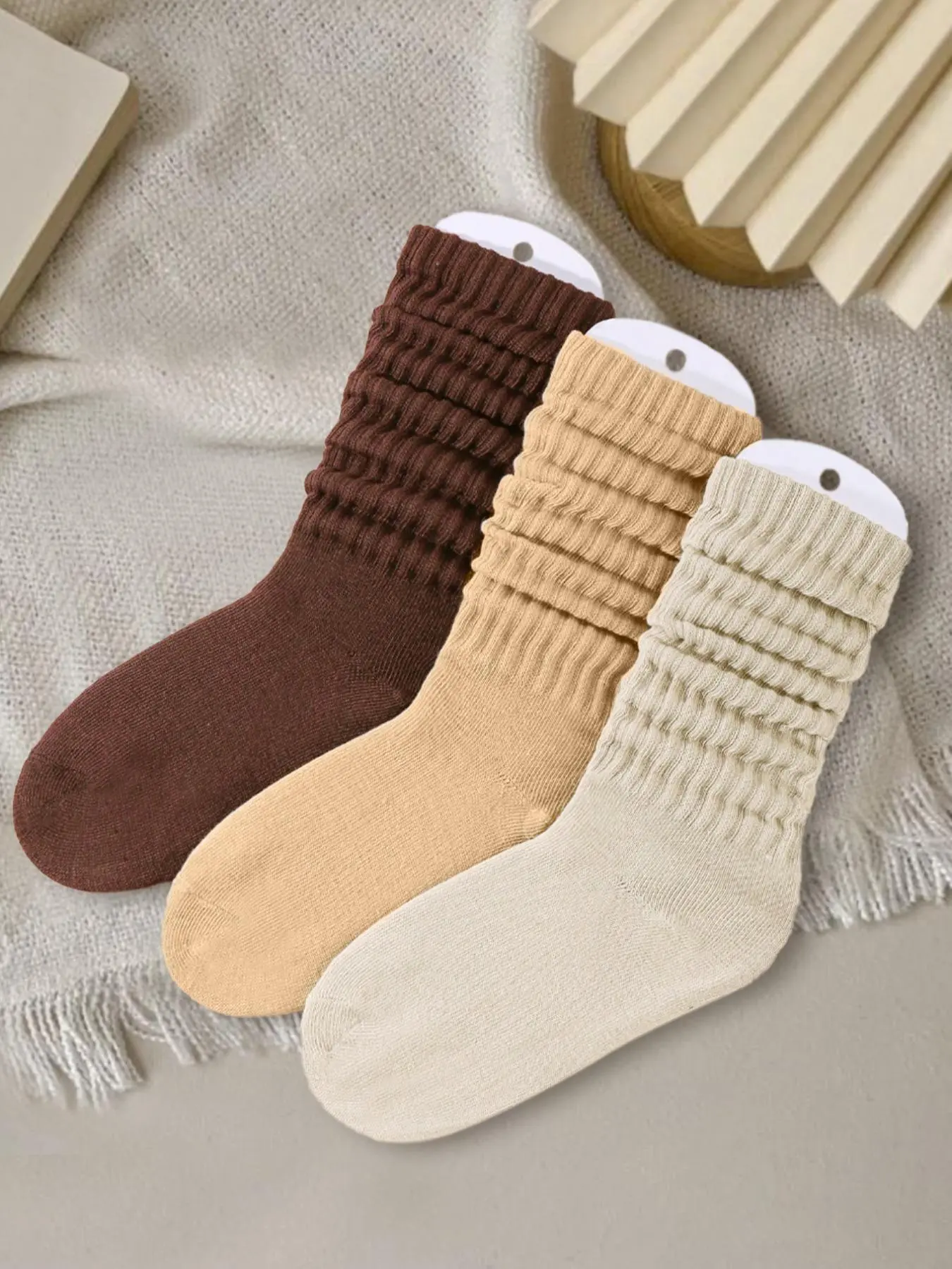 Women's 3 Pairs Solid Over the Calf Socks, Simple Comfort Slouch Socks ...