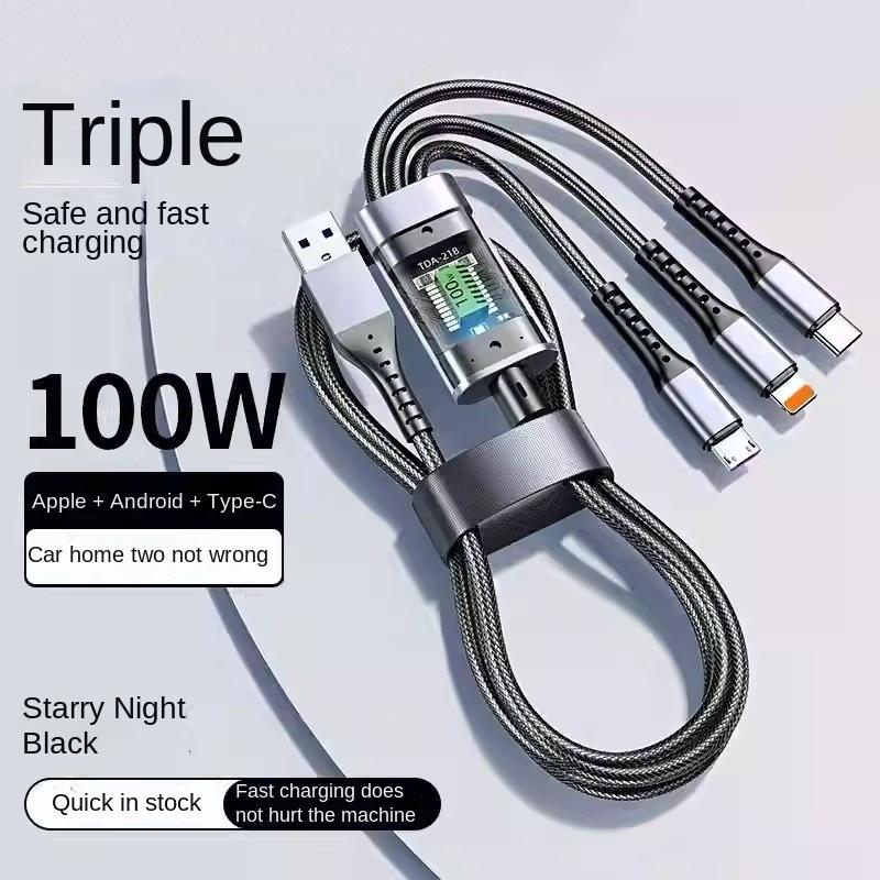 100W Transparent Chip Super Fast Charge Three-Head Data Cable Three-in ...