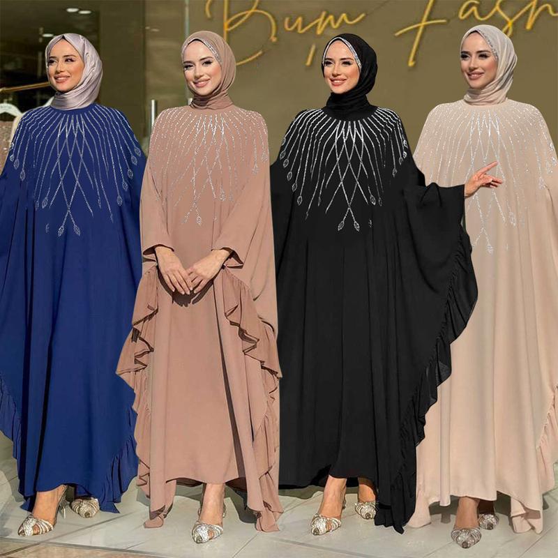 Jubah Muslim Timur Tengah, Leher Bulat, Berlian buatan, Jubah Gaun ...