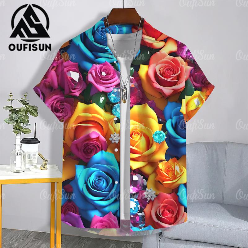 Baju Hawaii, Corak Bunga Songkran, Lengan Pendek, Mawar Pelangi ...