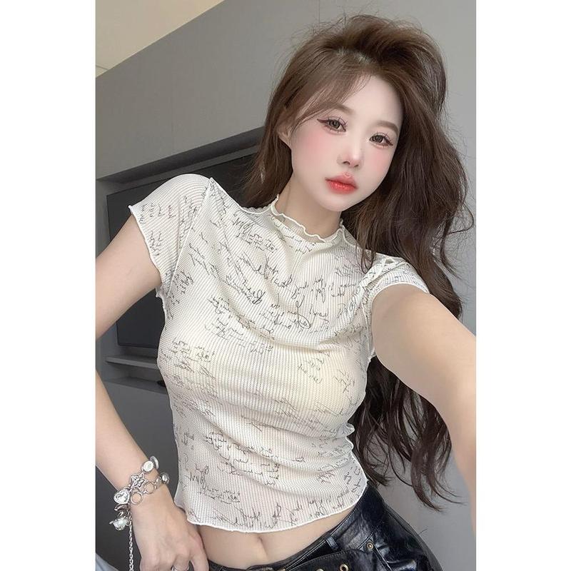 Kemeja-T Lengan Pendek, Turtleneck Separuh, Slim Fit, Untuk Wanita ...
