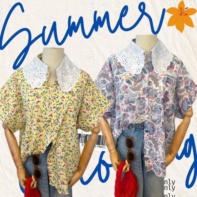Azalea shirt (อก52)เสื้อเชิ้ตโอเวอร์ไซส์แขนสั้นกระดุมดอกไม้แต่งคอปก ...